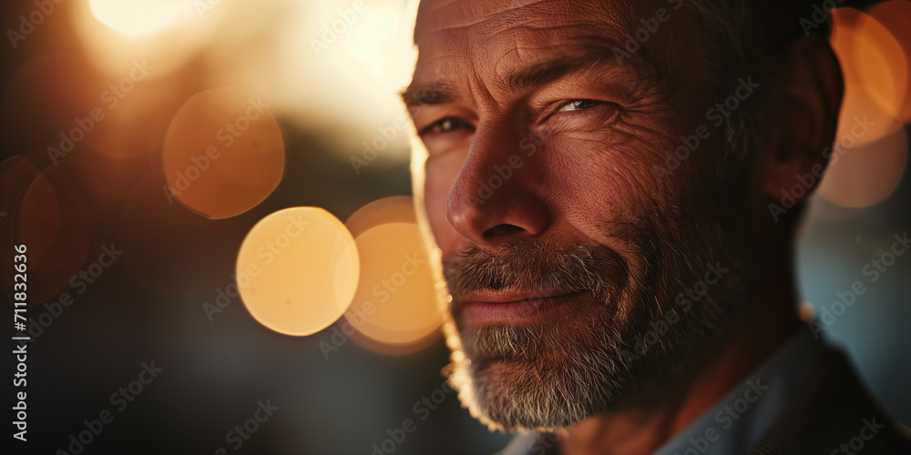 Mature man with a knowing smile, evening light softly diffusing behind ...