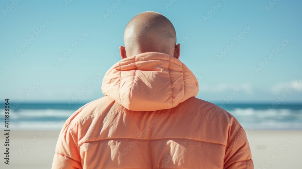 Back view of a bald person in a jacket standing on a beach Stock ...