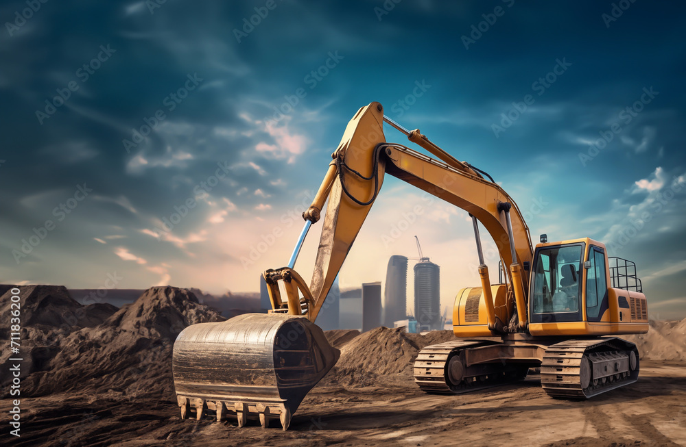 Excavator works on a construction site during excavation work against a ...