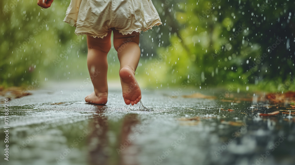 A close-up of the baby's feet running barefoot in the rain. the baby ...