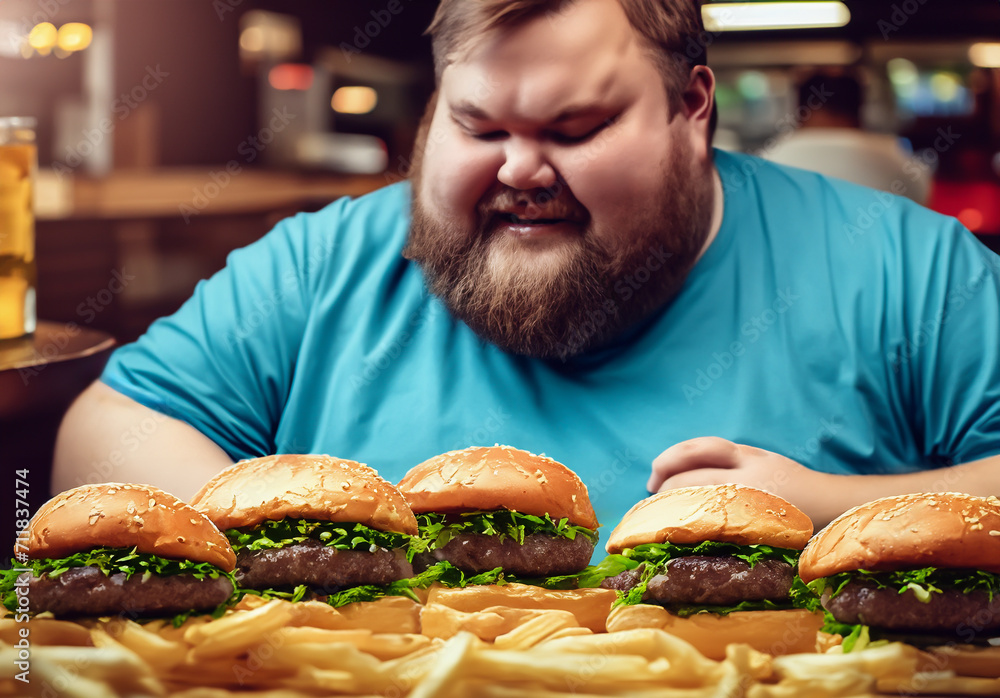 Fat man eating hamburger in fast food restaurant. Man with an obese ...