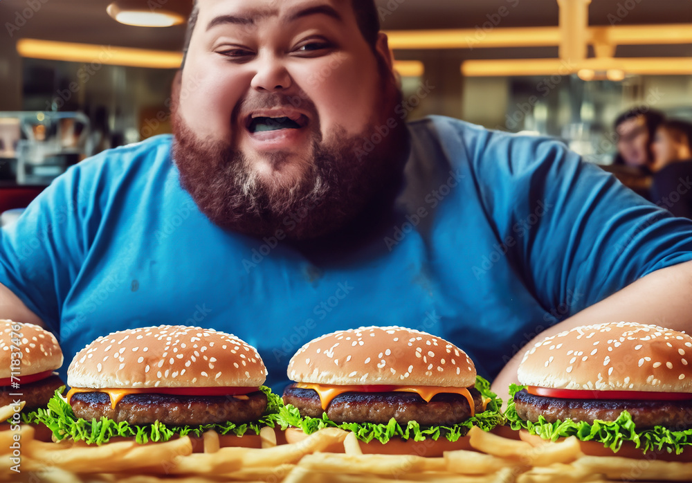 Fat man eating hamburger in fast food restaurant. Man with an obese ...
