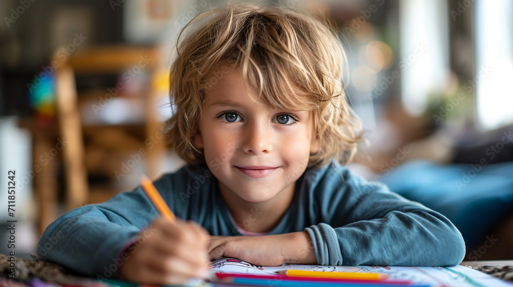 Adorable boy of elementary age drawing with pencils Stock Photo | Adobe ...