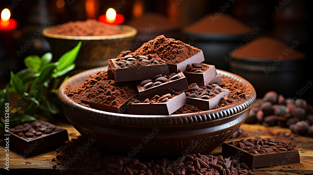 Cocoa Powder Infused Chocolate Bars and Coffee Beans on a Rustic Wooden ...