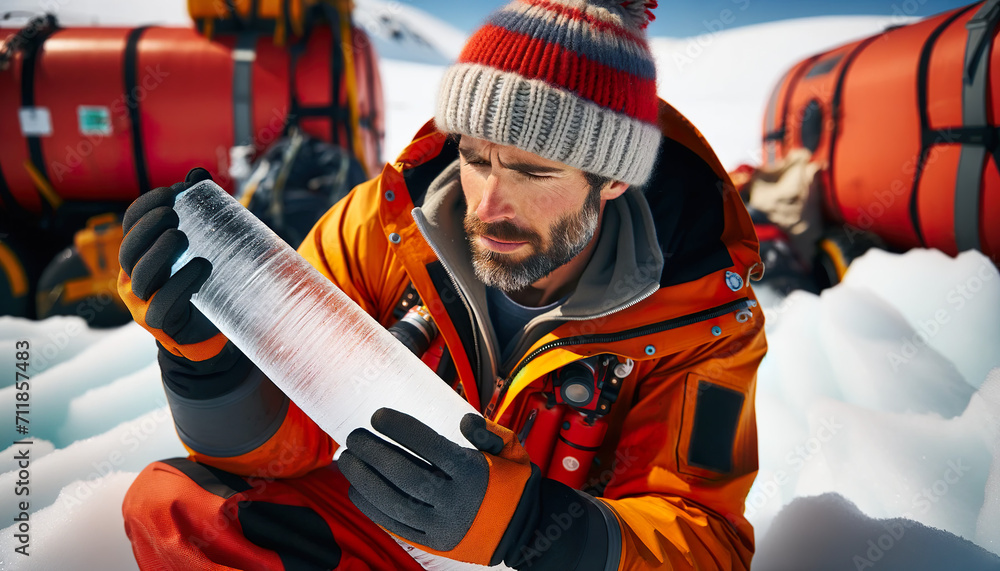 Researcher in Greenland holding a ice core sample, these samples can ...