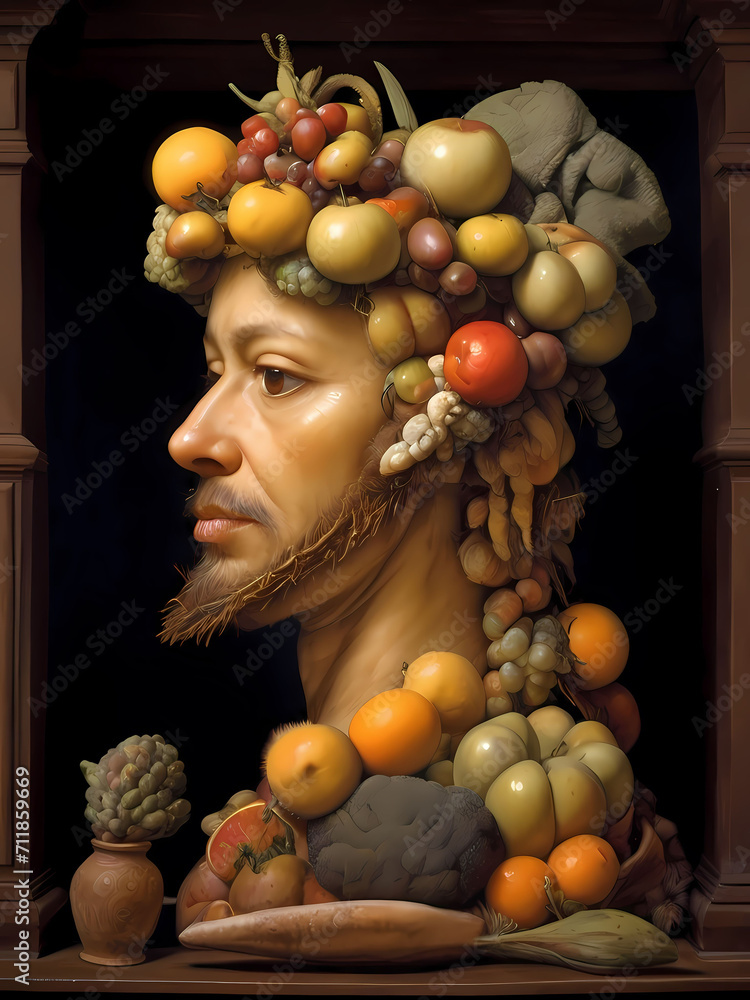a human profile composed of fruit in Giuseppe Arcimboldo style, concept ...
