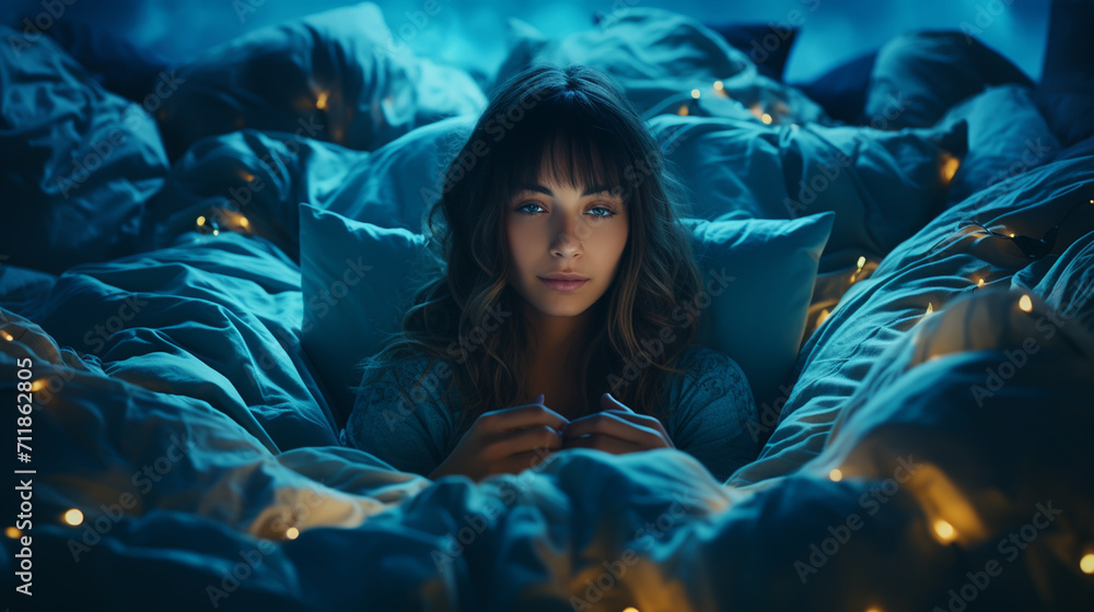 Sleepy exhausted woman lying in bed using smartphone, can not sleep. Insomnia, addiction concept ...