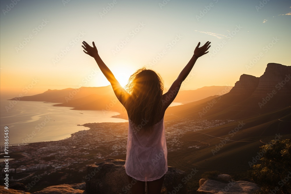 A woman on top of the mountain with arms open to a welcoming new day ...