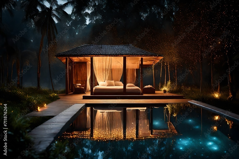 Nightfall at a hut with swimming pool, where underwater lights give the ...