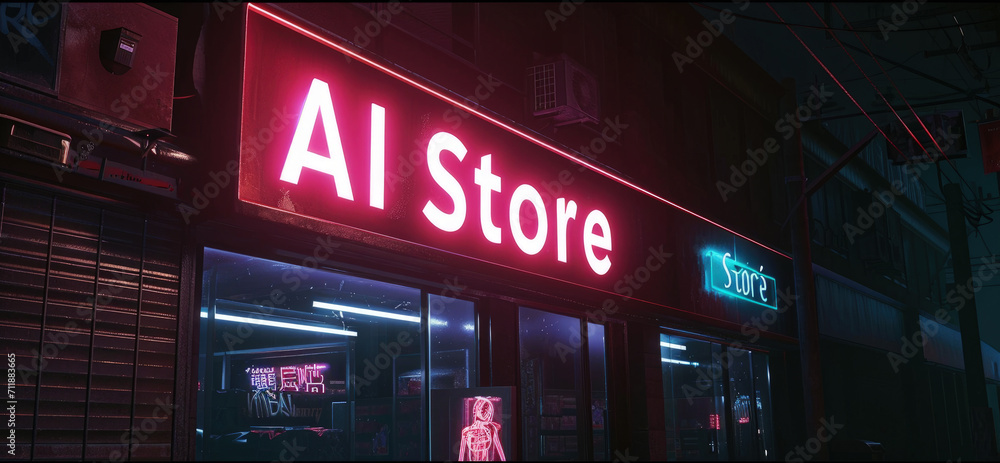 Neon sign of AI store in cyberpunk city street at night, dark alley ...
