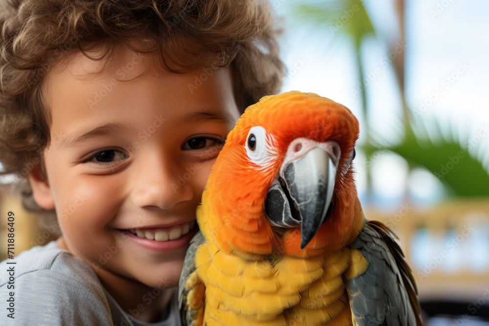 A curious parrot nestled on a shoulder as its owner enjoys a quiet ...