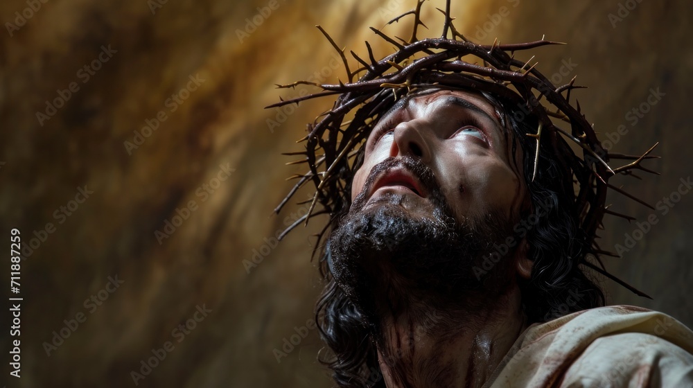 Jesus Christ with a crown of thorns looking at the sky with a crucified ...