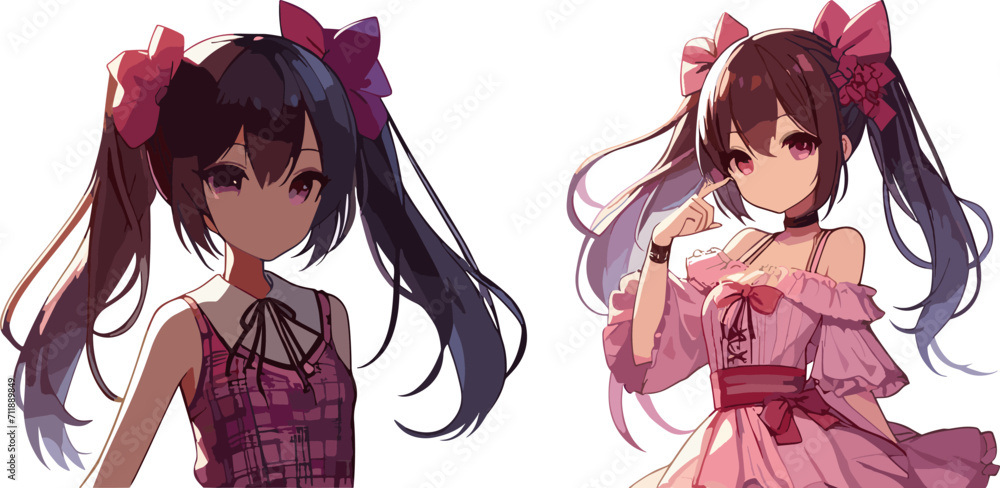 Anime girl character sheet in two poses, vector isolated illustration ...
