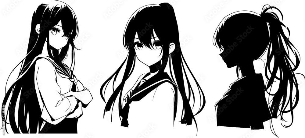 School girl character sheet in anime style, black and white vector ...