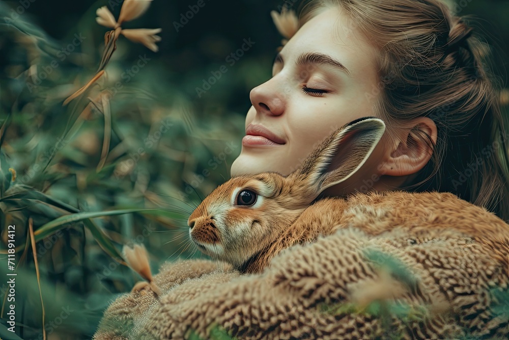 A young lady gazes lovingly at her pet rabbit as they both bask in the ...
