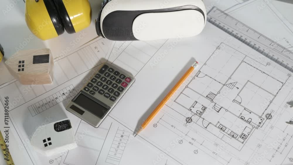 Architect workplace top view. Architectural blueprint paper project ...