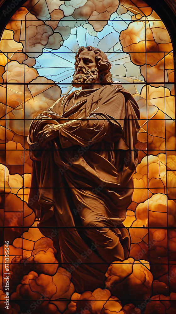 Statue of God, Zeus in the middle of clouds on stained glass window ...