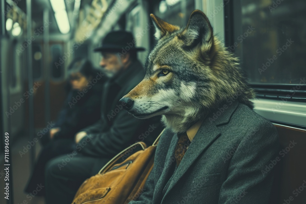 A sophisticated wolf takes on human mannerisms as it rides the train ...