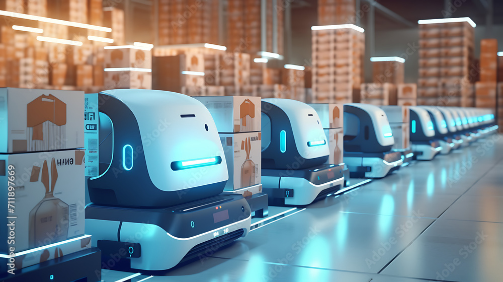 Future Technology 3D Concept: Automated Retail Warehouse AGV Robots with Infographics Delivering ...