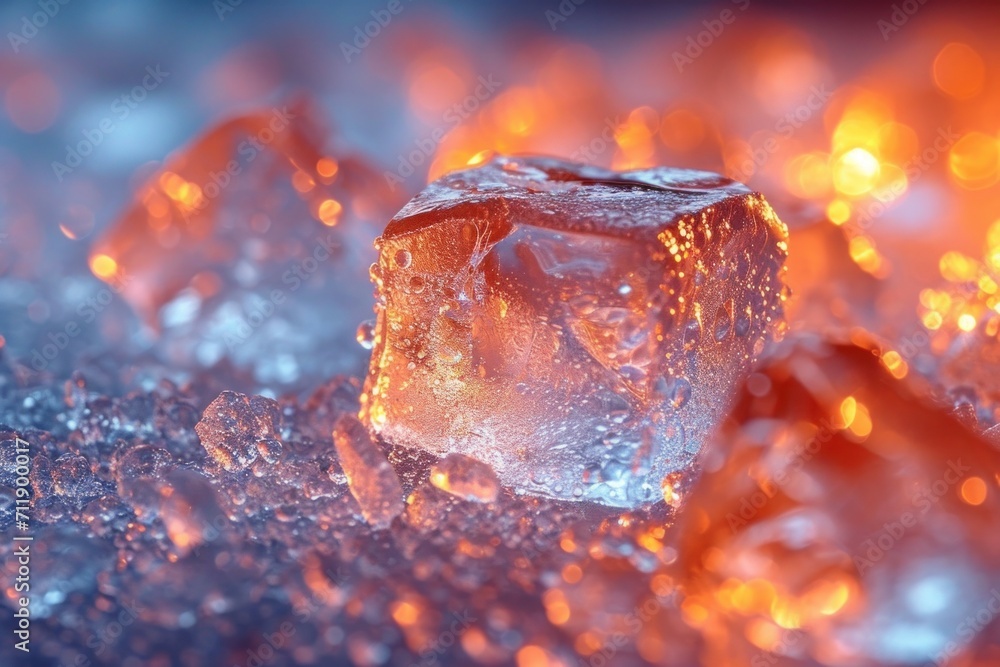 delicate edges of shiny ice cubes, glowing from within, cast clarity ...