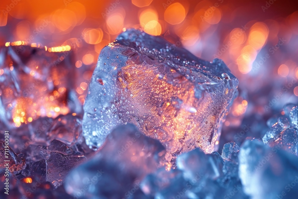 the refractive dance of luminous light on thawing ice creates a ...