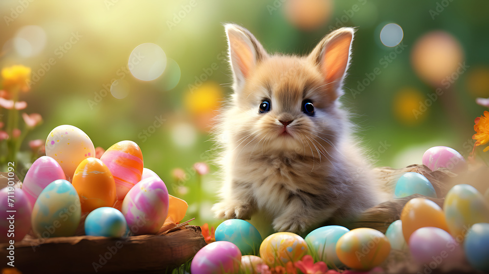 Fotka „an Easter bunny with a bow tie and a basket full of painted eggs ...