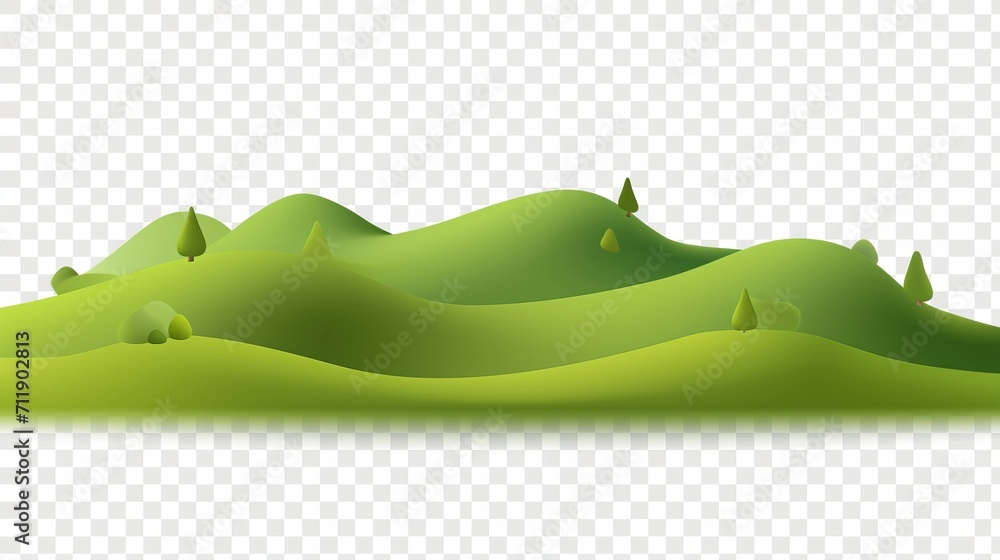 3d realistic cartoon green hills on transparent background. Summer ...