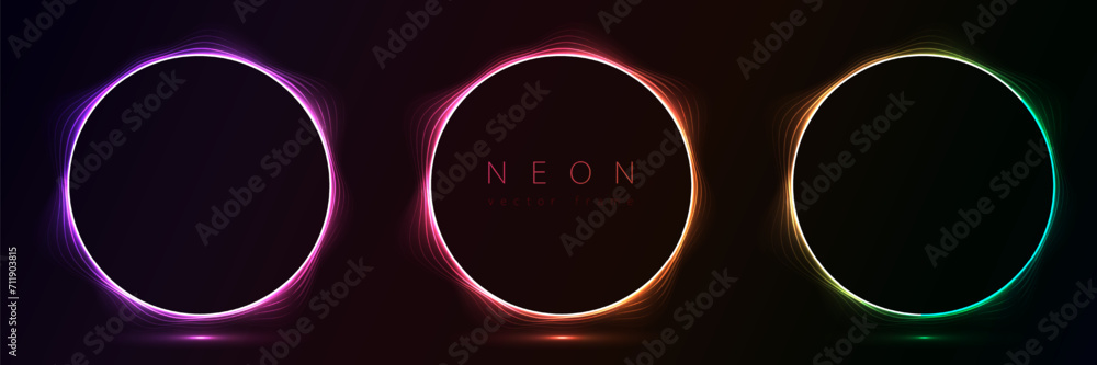 Set of glowing neon color circles round curve shape with wavy dynamic ...