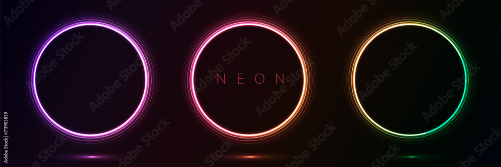 Set of glowing neon color circles round curve shape with wavy dynamic ...
