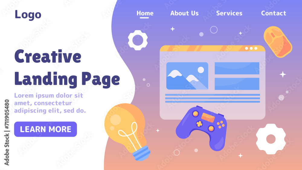 Creative Landing Page. Symbols of creativity. Gamepad and joystick near ...