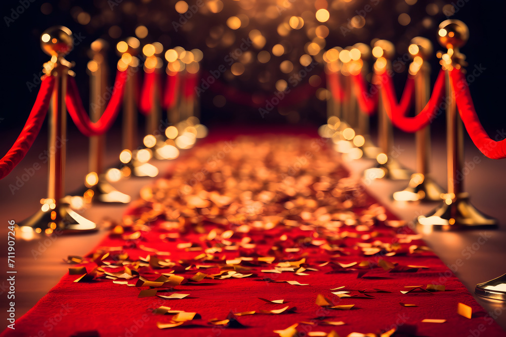 Awards show dark red carpet path with a golden barrier, celebrity's ...