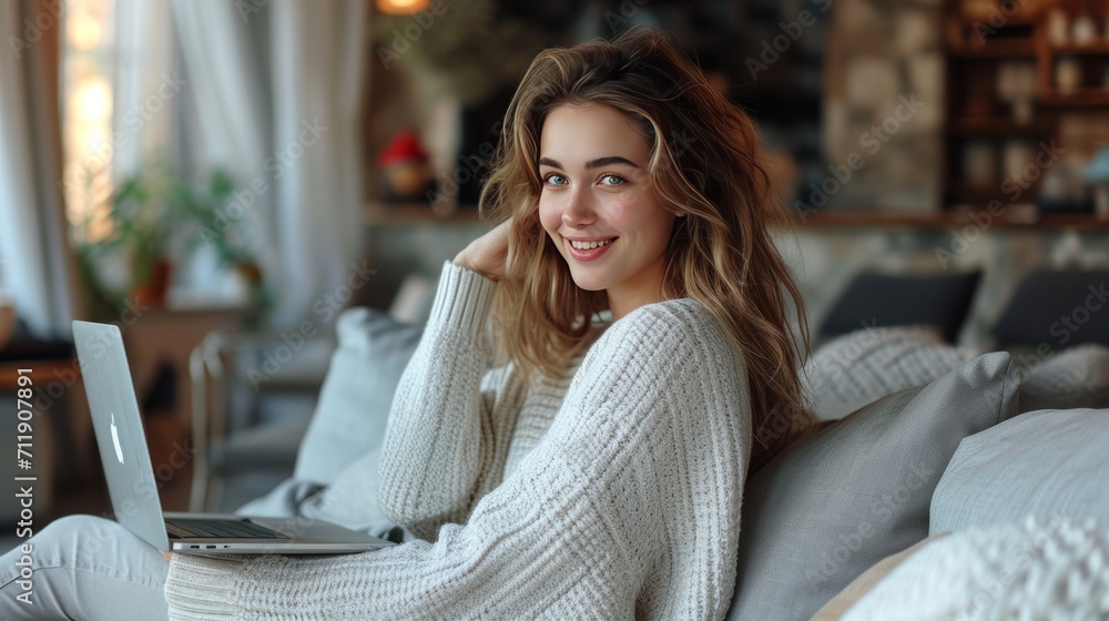 Beautiful young woman doing business activities using realistic laptop ...