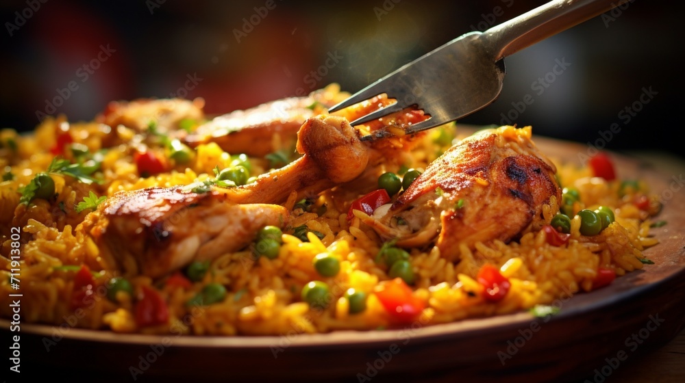 A close-up of a fork piercing a piece of chicken in a serving of ...