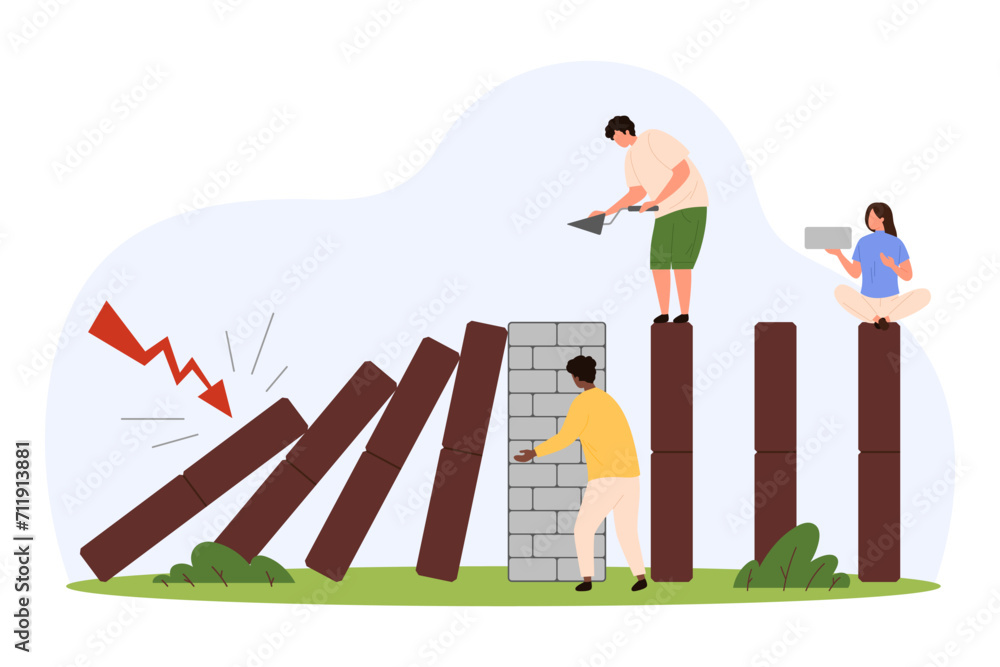 Proactive risk management. Tiny people building brick wall to avoid ...