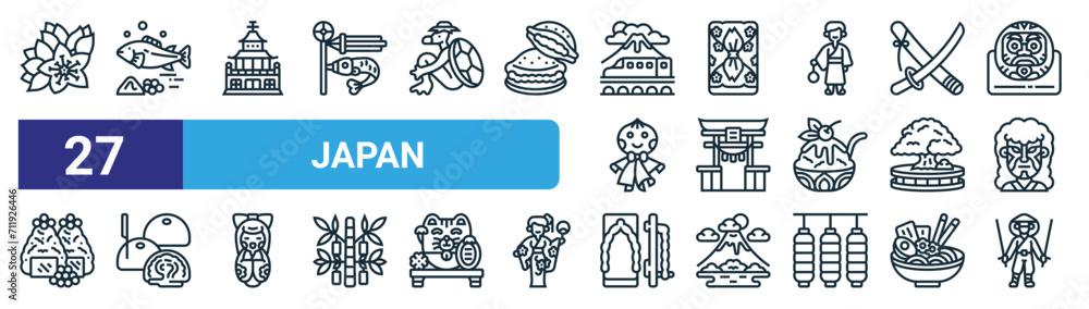 set of 27 outline web japan icons such as sakura, salmon, temple ...
