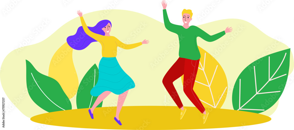 Young man and woman dancing joyfully in a park, surrounded by large ... Young man and woman dancing joyfully in a park, surrounded by large ...