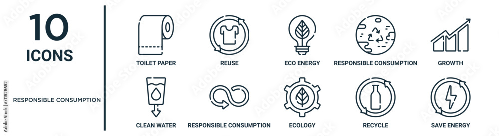 responsible consumption linear icon set. includes thin line reuse, eco ...