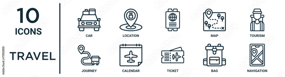 travel linear icon set. includes thin line location, , tourism, calendar, bag, navigation ...