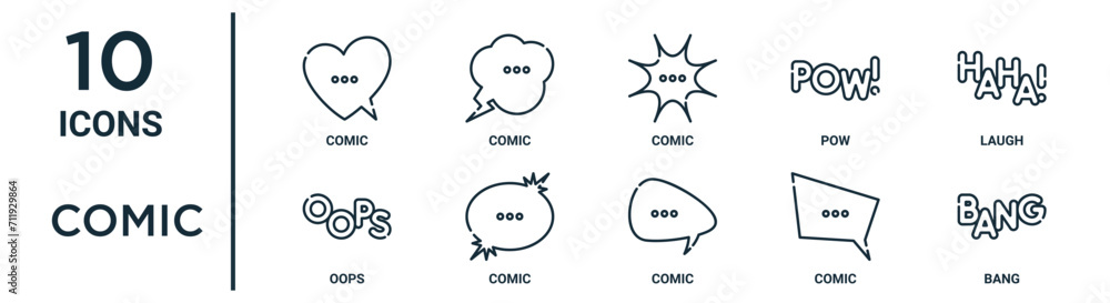 Vetor de comic linear icon set. includes thin line comic, comic, laugh ...