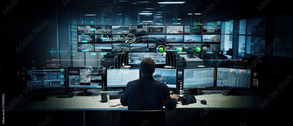 wide banner of security CCTV cameras and guard monitoring screen hud UI ...