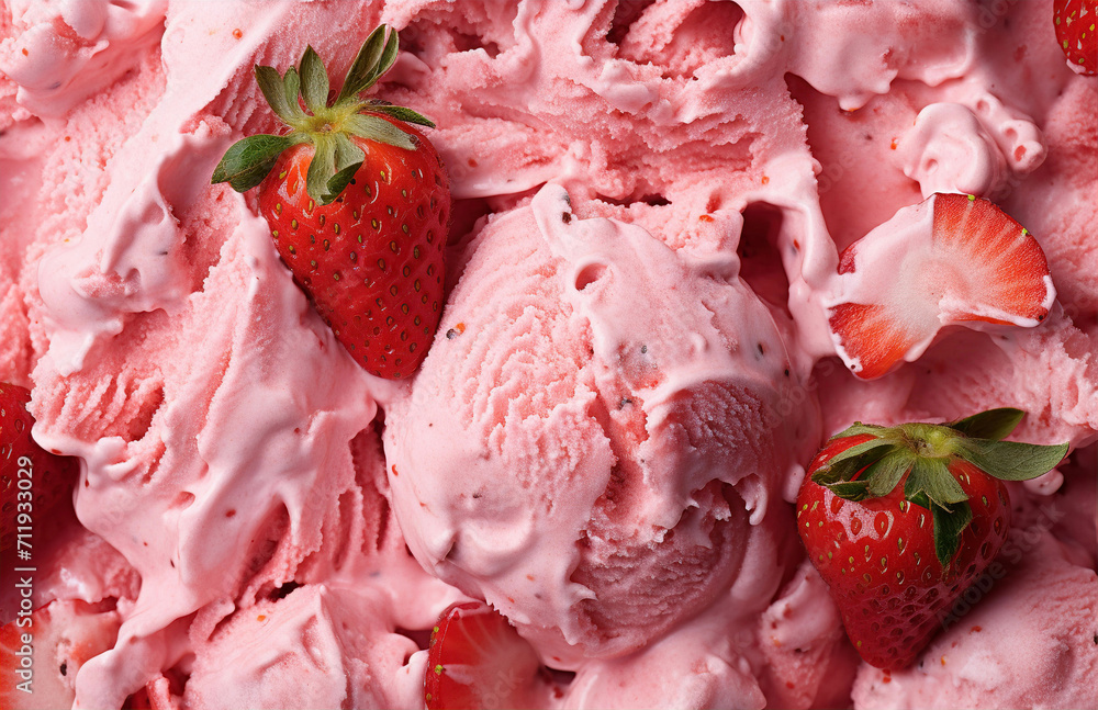 Delicious pink strawberry ice cream texture. Whole,cut strawberry fruit ...