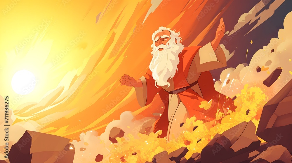 Cartoon depiction of prophet Elijah standing in fire with his arms held ...