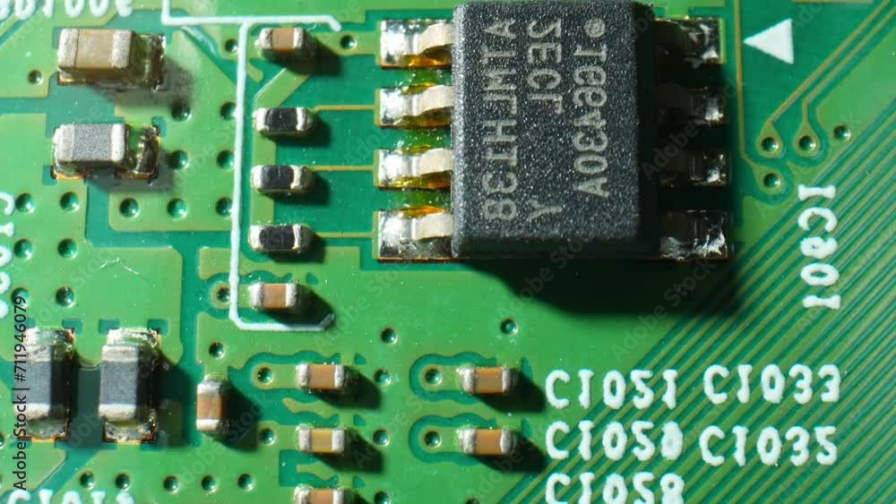 A close-up macro video reveals intricate patterns of a Printed Circuit ...