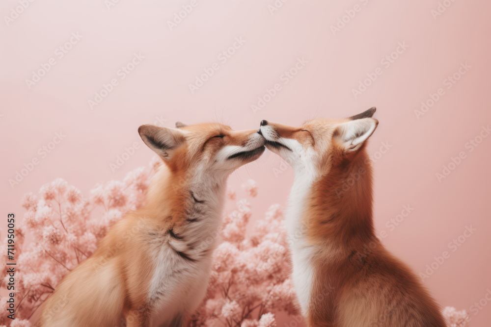 Two foxes are touching noses. Photo of fox couple cuddling on studio ...