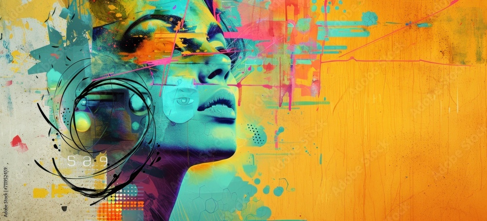 Vibrant digital art portrait of woman with abstract elements. Modern ...