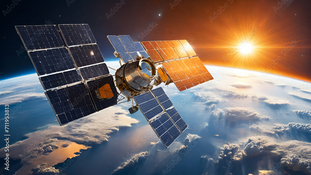 streamlined satellite, its solar panels gleaming in the sunlight ...