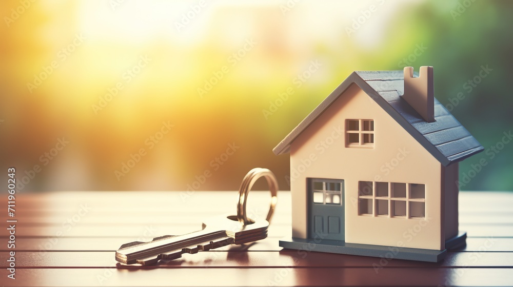 Key and miniature model of house ,Small wooden house with lock with ...