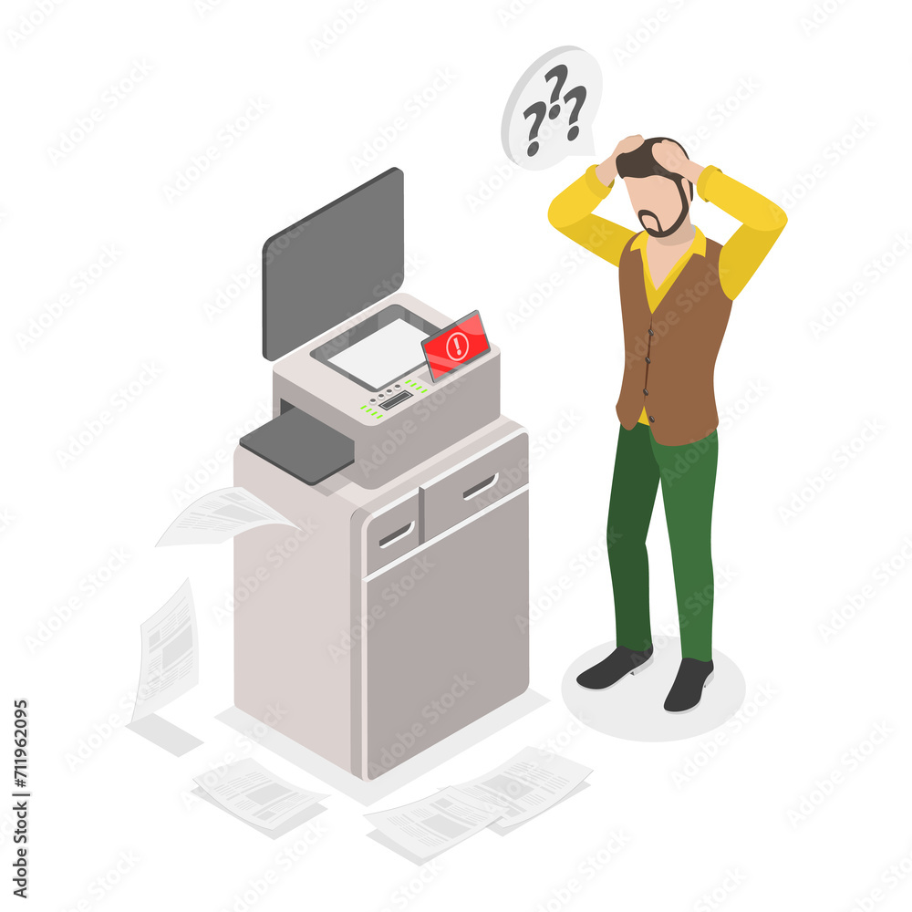 3D Isometric Flat Conceptual Illustration of Broken Printer, Out of ...