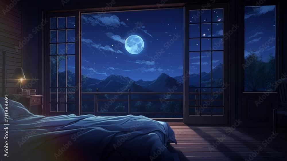 Animated illustration of a bedroom in the middle of a peaceful forest ...