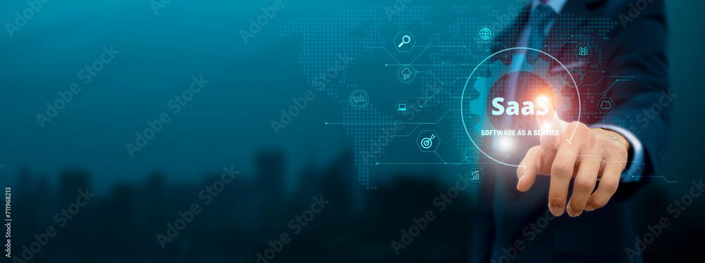 Global business structure of network. Businessman touch SaaS (Software as a Service) icon and ...